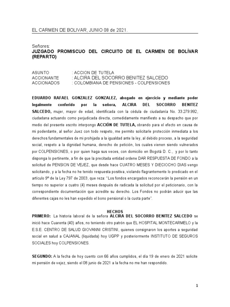 Tutela por Pensión de Vejez en Colpensiones | PDF | Derecho ...