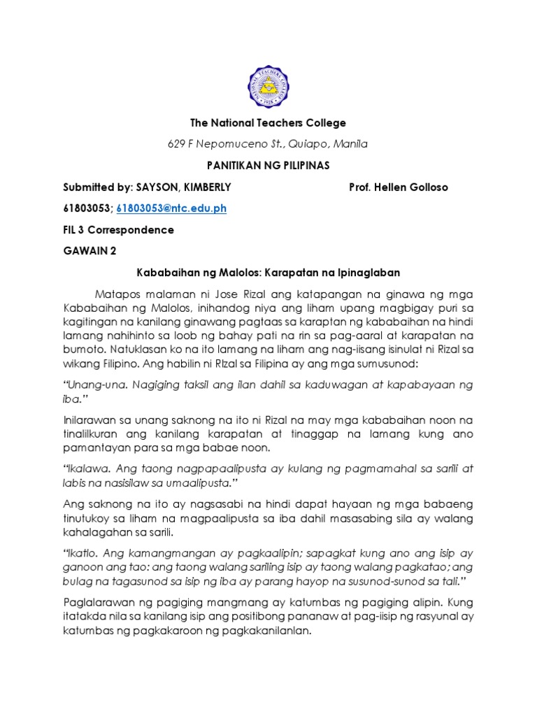 Liham Ni Rizal Sa Kababaihan NG Malolos | PDF