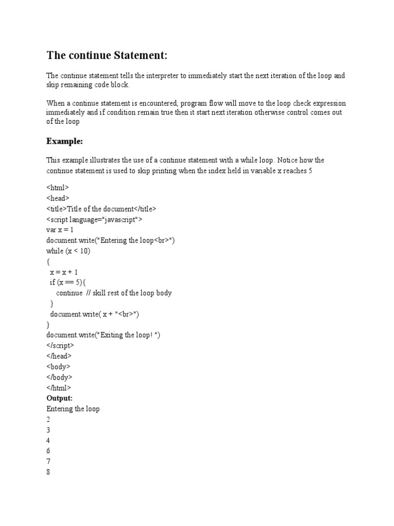 The Continue Statement:: Example | PDF | Control Flow | Computer ...