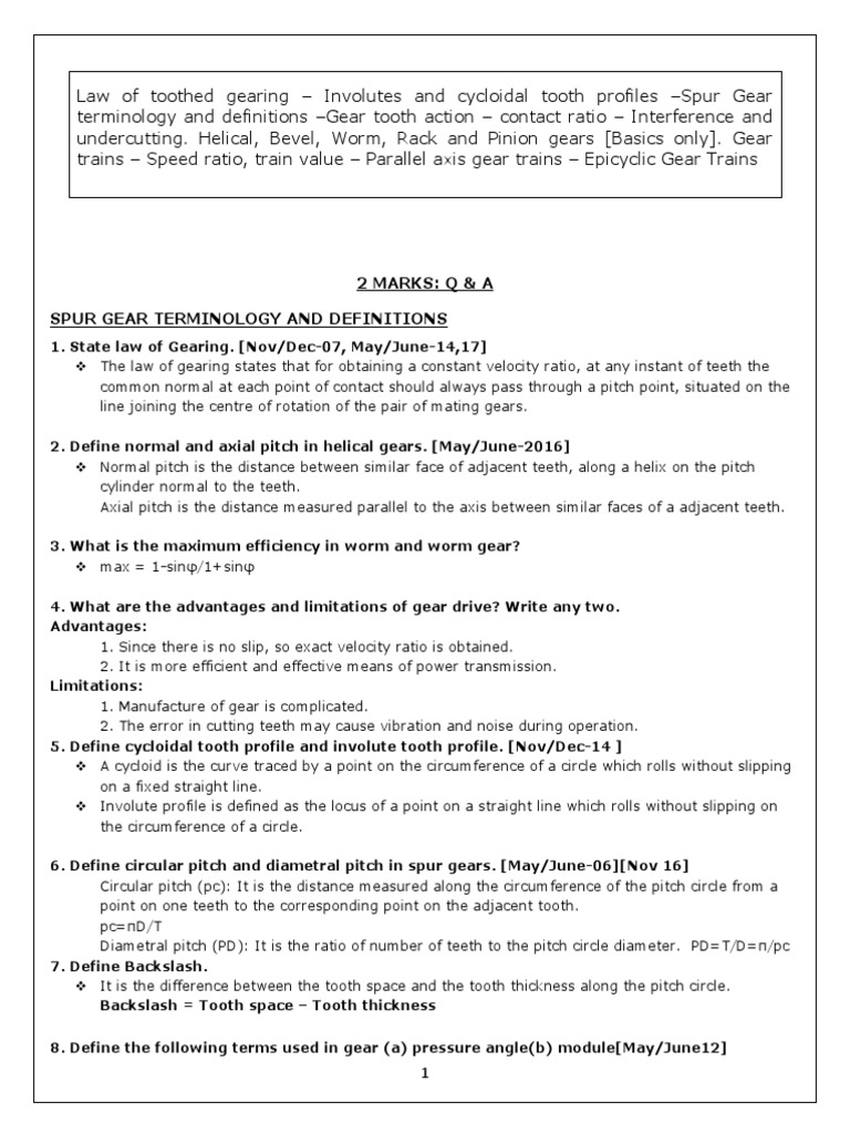 2 Marks: Q & A Spur Gear Terminology and Definitions | PDF | Gear ...