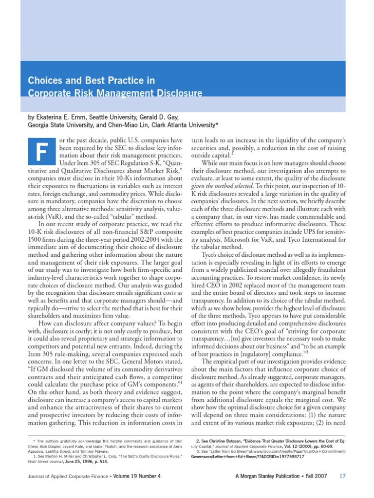 Corporate Risk Management Disclosure Choices | PDF | Value At Risk ...