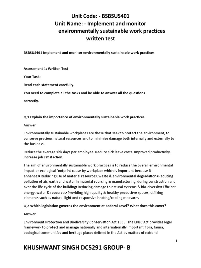 BSBSUS401 Implement and Monitor Environmentally Sustainable Work Practices | PDF | Environmental ...