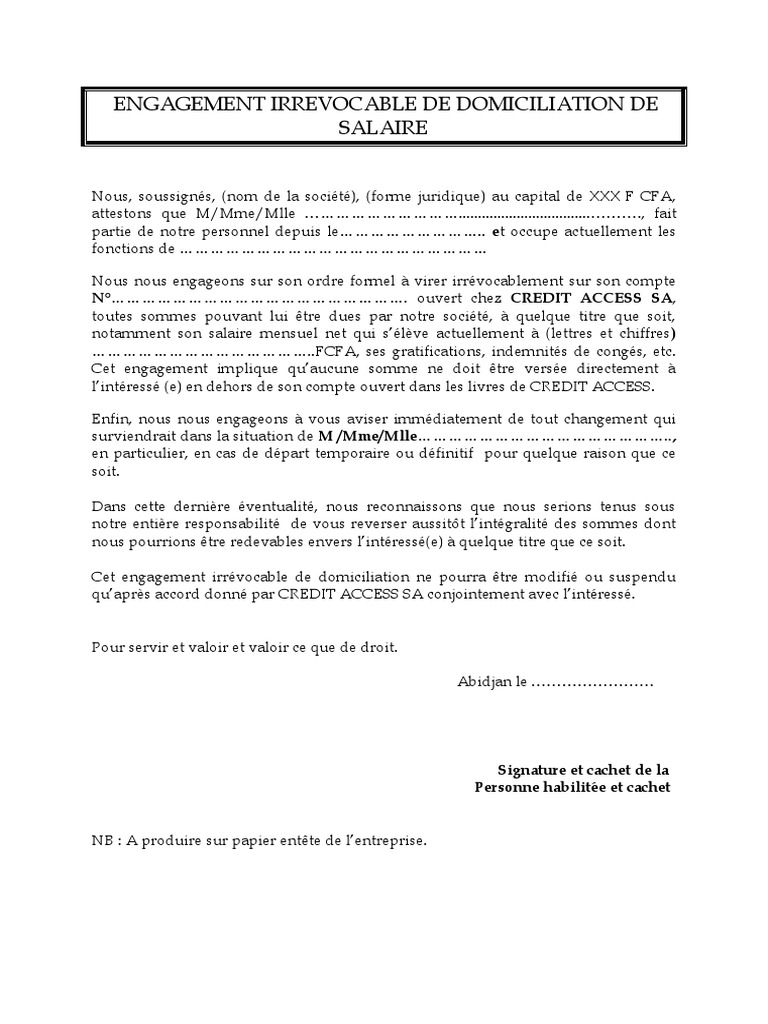 Engagement Irrevocable de Domiciliation de Salaire | PDF