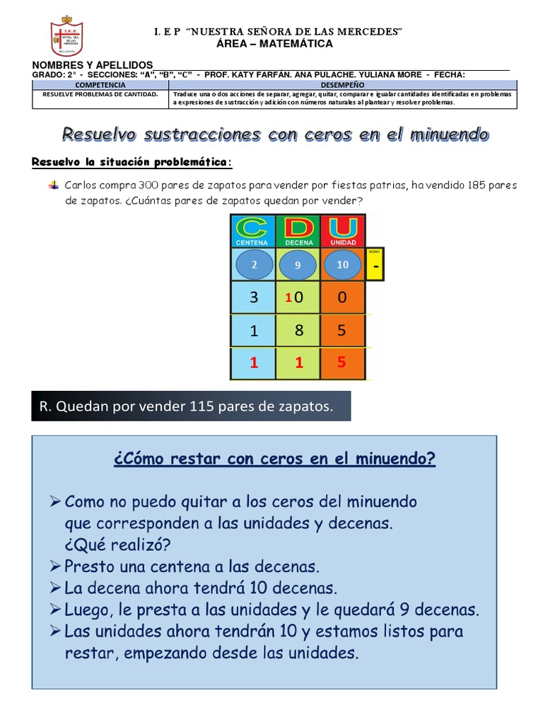 Hojas De Trabajo De Resta Con Ceros 2.º Grado Prueba De La Re…
