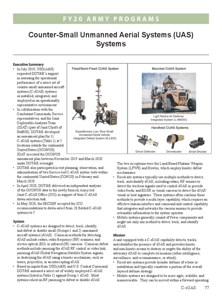 Counter-Small Unmanned Aerial Systems (UAS) Systems: Fy20 Army Programs ...