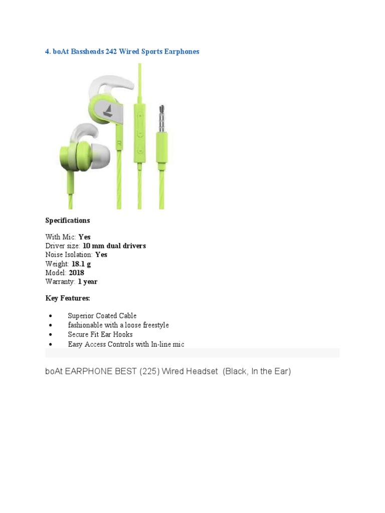 Boat Bassheads 242 Wired Sports Earphones: Specifications | PDF