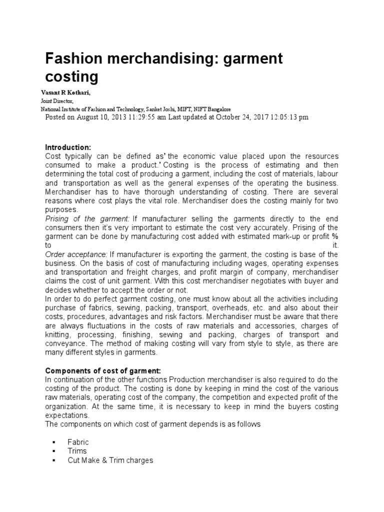 Fashion Merchandising: Garment Costing | PDF | Dyeing | Textiles
