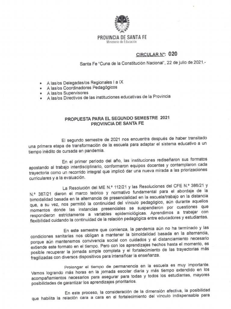 Circular #020-2021 Ministerio de Educación | PDF