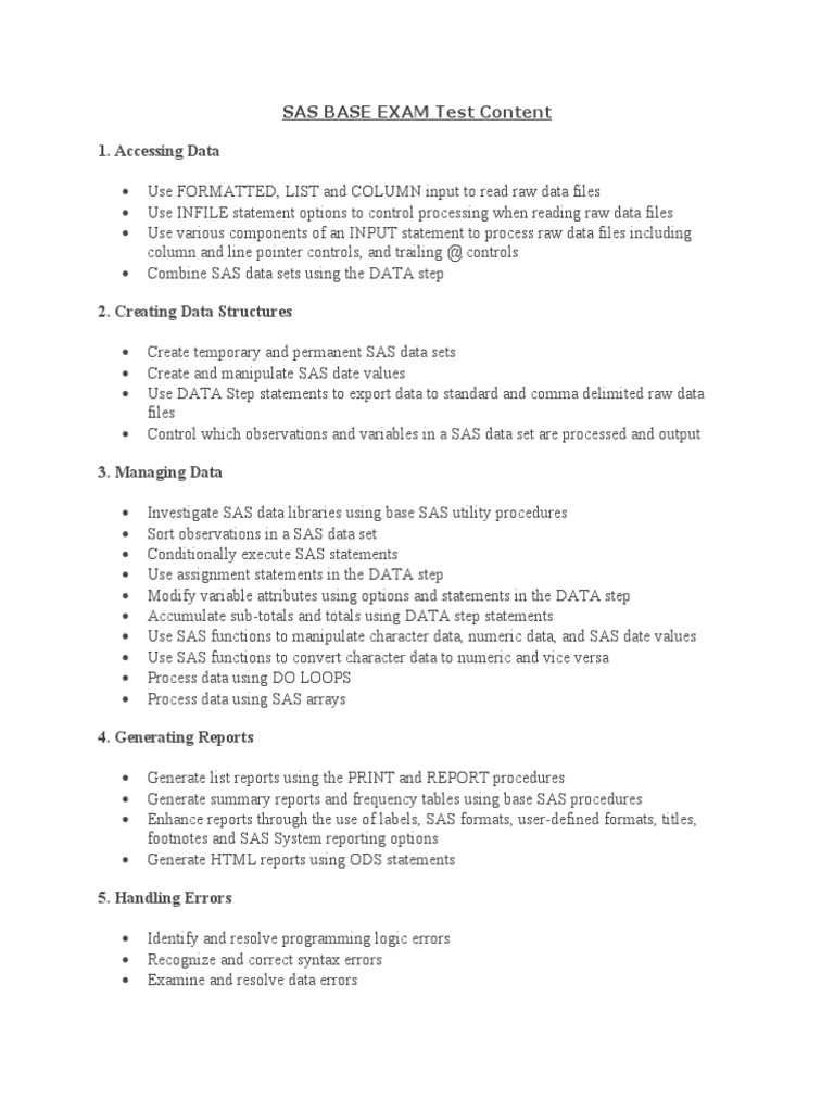 Sas Base Exam Test Content 1 Accessing Data Pdf Sas Software Sql