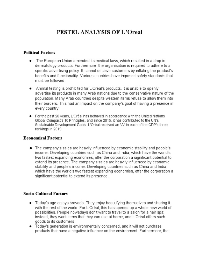 PESTEL ANALYSIS OF L'Oreal | PDF | Packaging And Labeling | Sustainability
