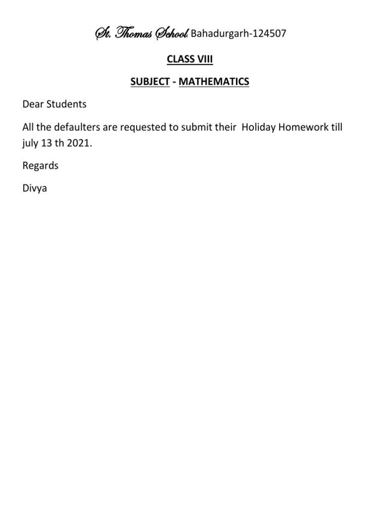Holiday Homework Submission Circular | PDF