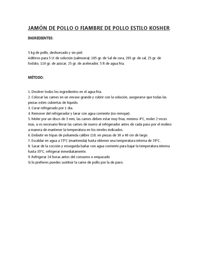 Jamón de Pollo o Fiambre de Pollo Estilo Kosher | PDF