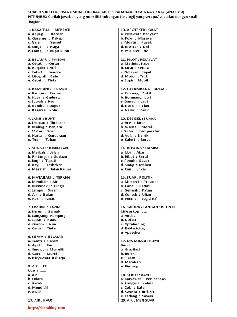 Soal Cpns Tes Inteligensia Umum (Tiu) - Tes Padanan Hubungan Kata ...