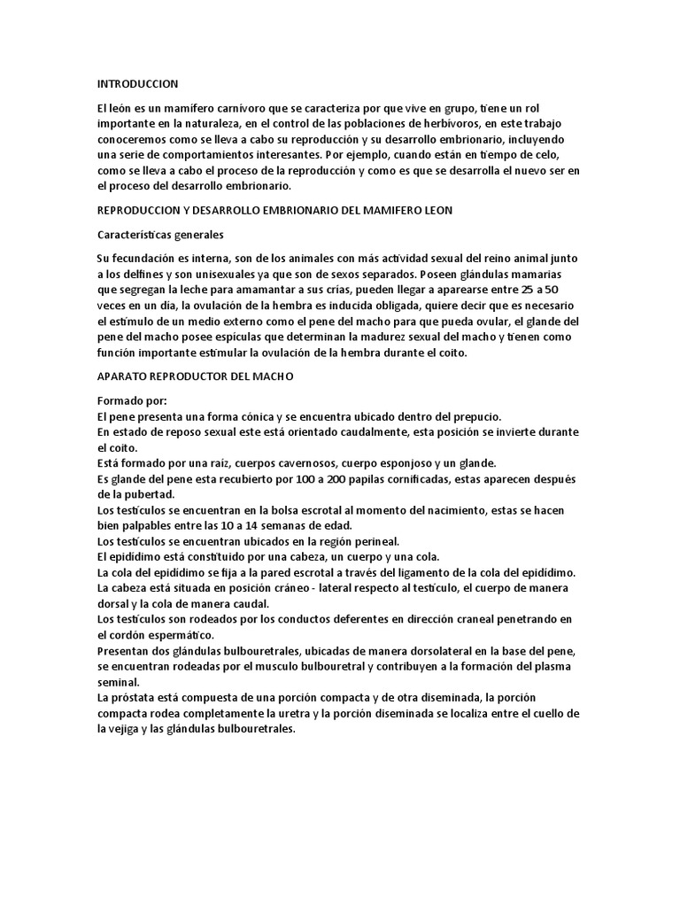 Reproduccion y Desarrollo Embrionario Del Mamifero Leon | PDF ...