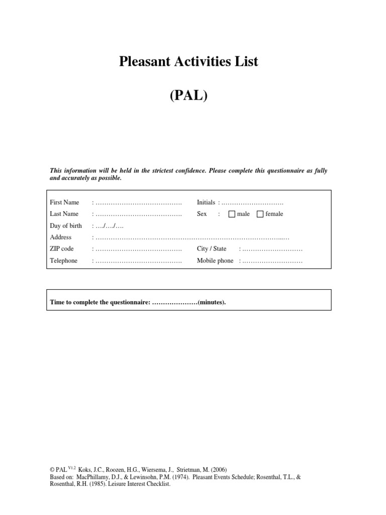 Pleasant Activities List (PAL) | PDF | Leisure | Sports