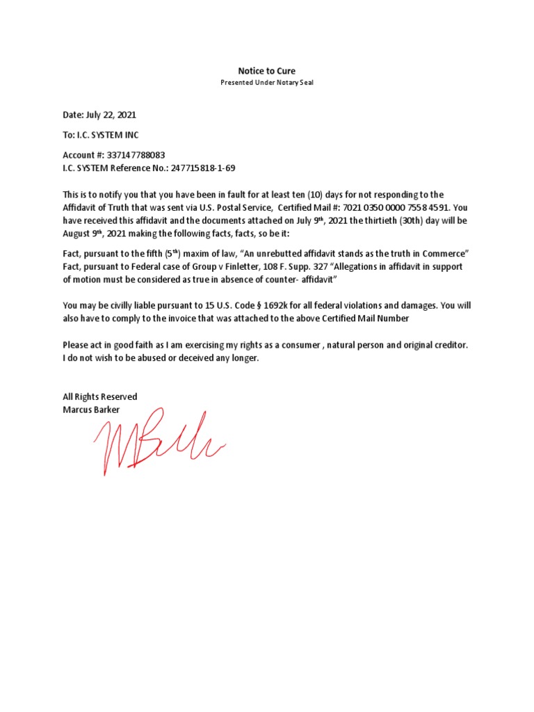 Notice To Cure: Presented Under Notary Seal | PDF | Law