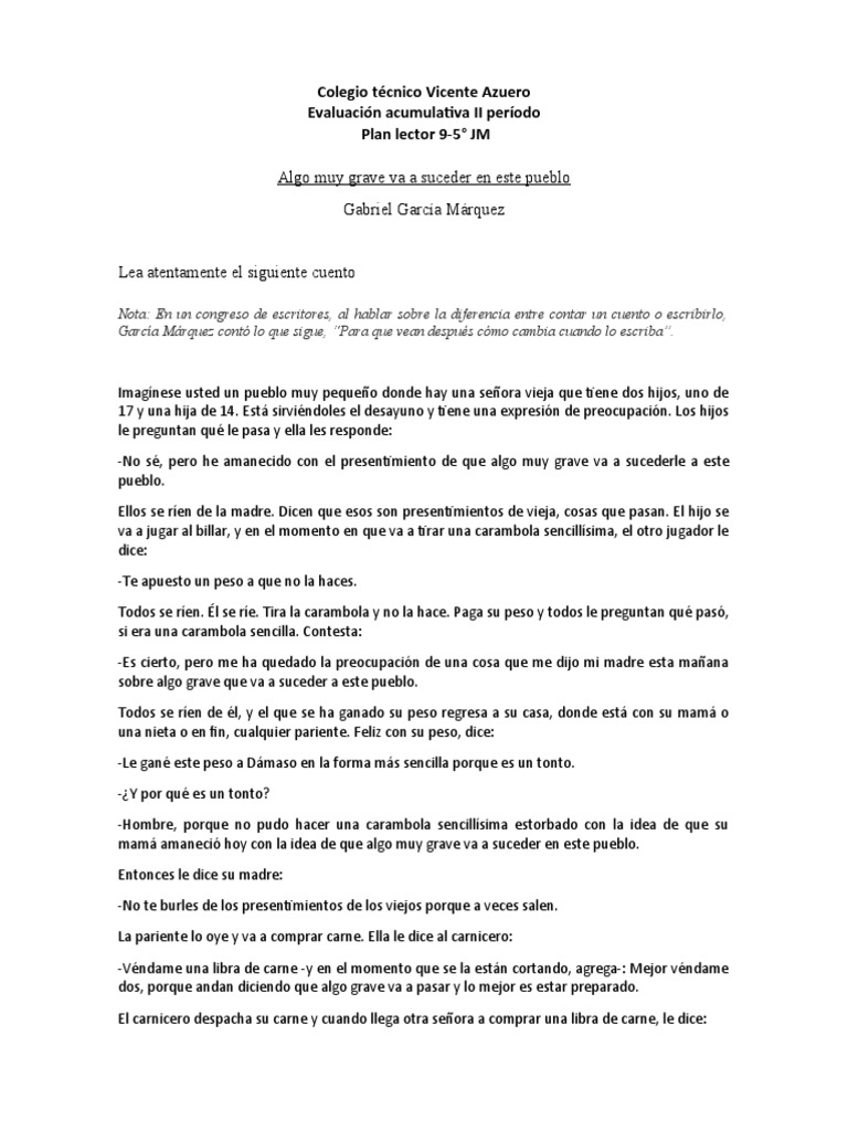 Algo Muy Grave Va A Suceder en Este Pueblo Gabriel García Márquez | PDF ...