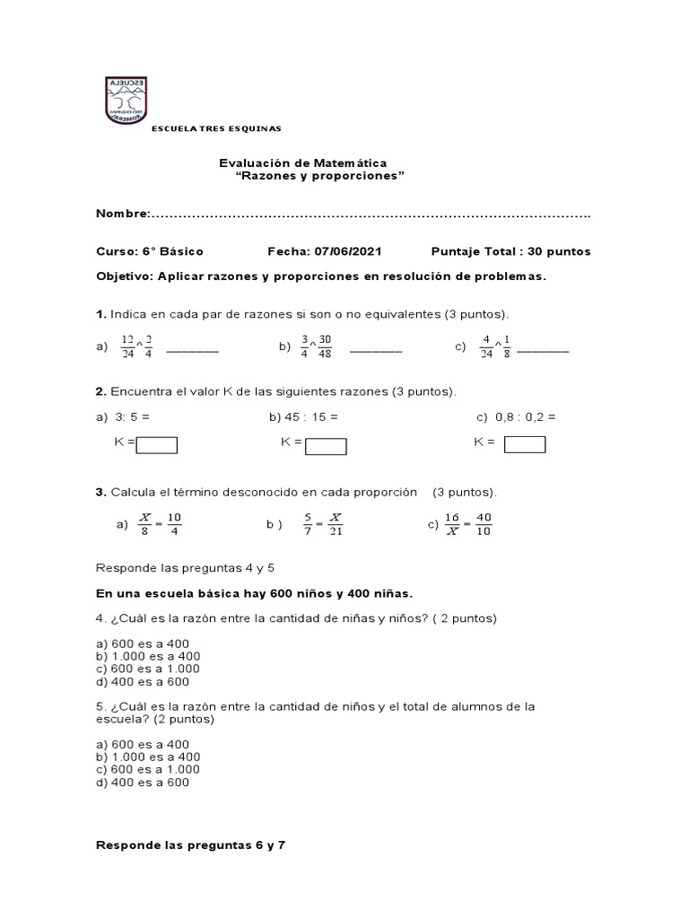 prueba 6° razones y proporciones | PDF | Science | Ciencia (general)
