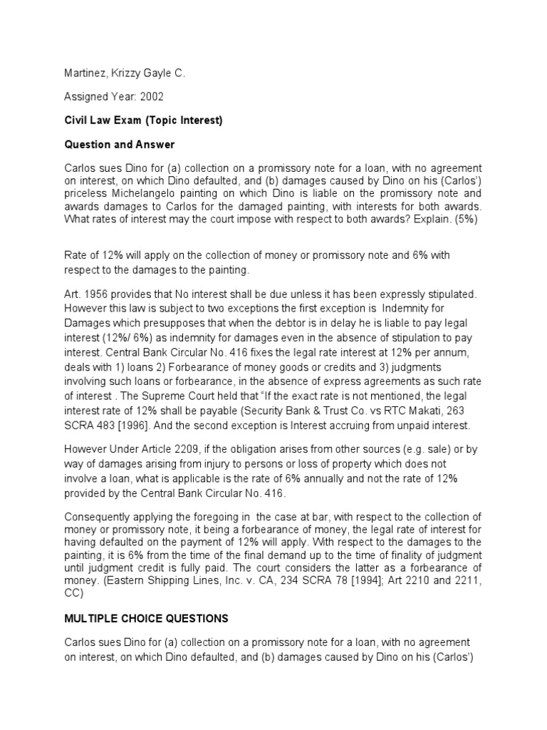 Civil Law Exam (Topic Interest) Question and Answer | PDF | Business ...