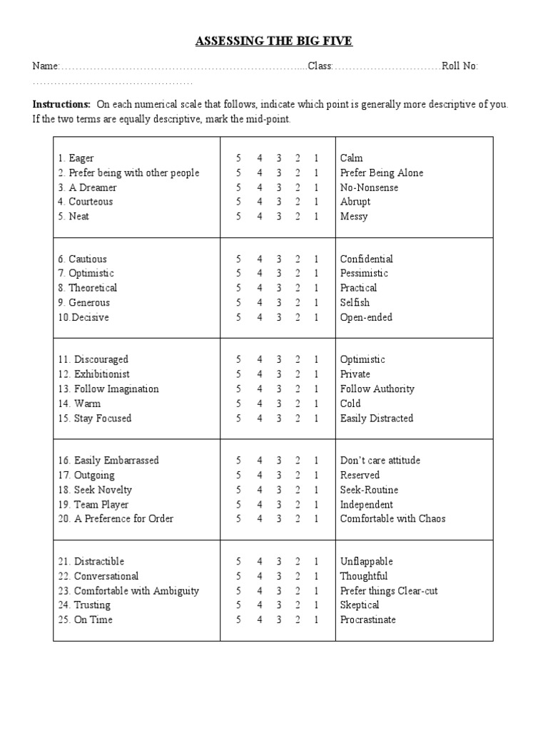 Assessing Personality Traits: Interpreting Scores on the Big Five ...