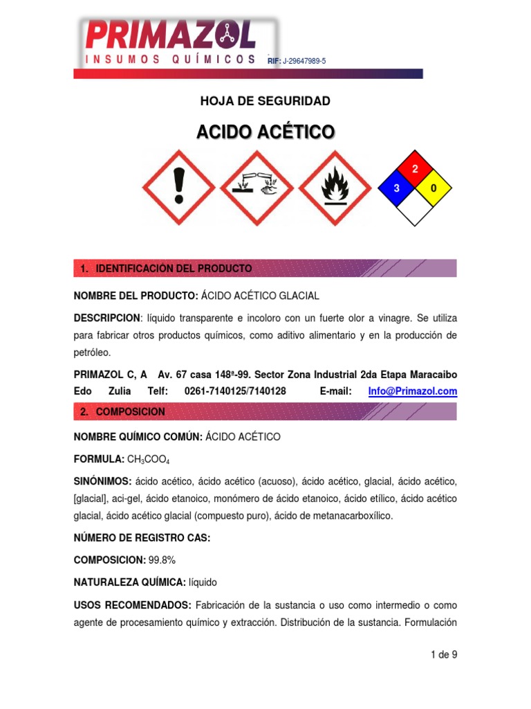 Hoja de Seguridad de Acido Acetico | PDF | Ácido acético | Quemar