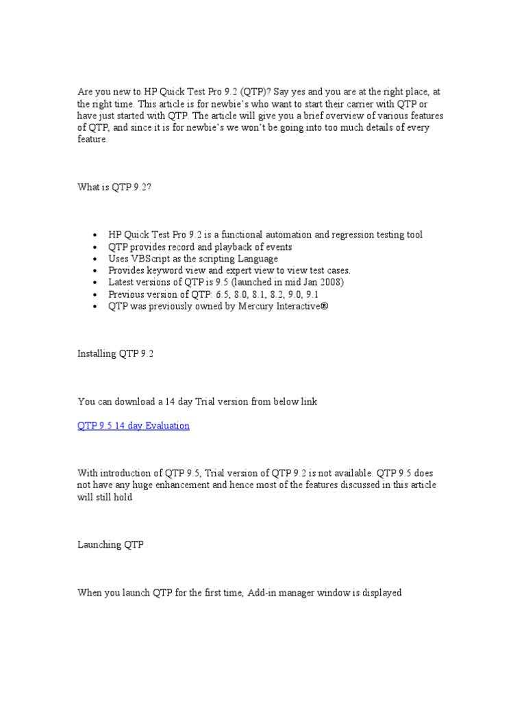QTP 9.5 14 Day Evaluation | PDF | Parameter (Computer Programming) | Scripting Language
