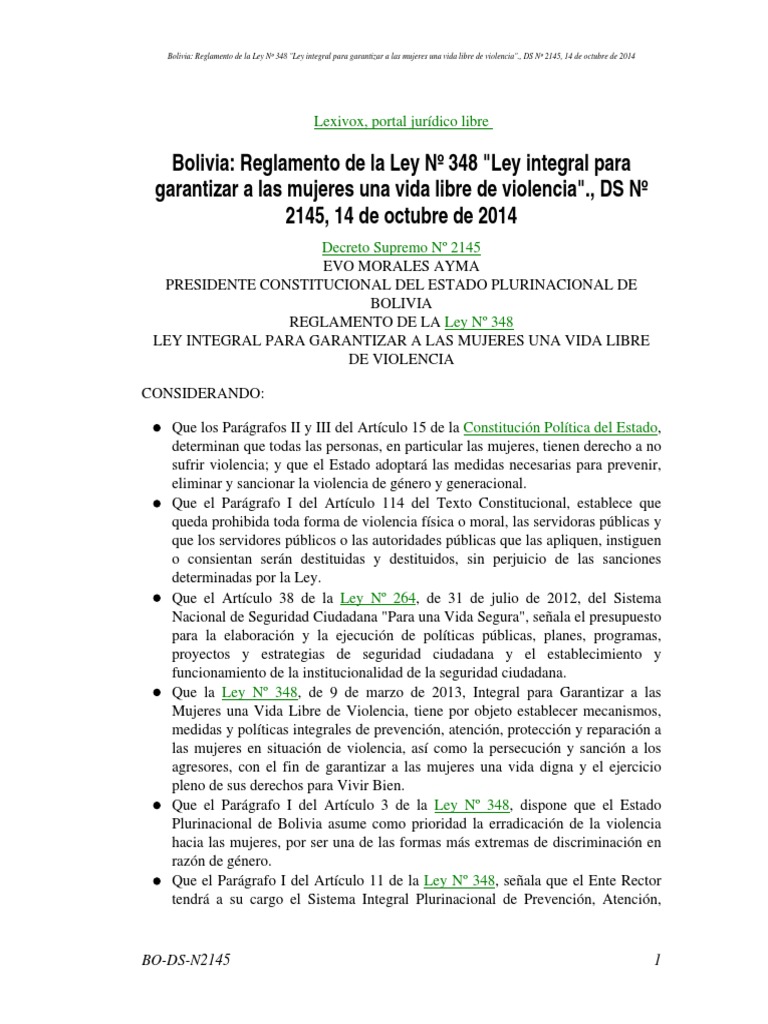 Reglamento Ley 348: Protección a Mujeres | PDF | La violencia contra las mujeres | Bolivia