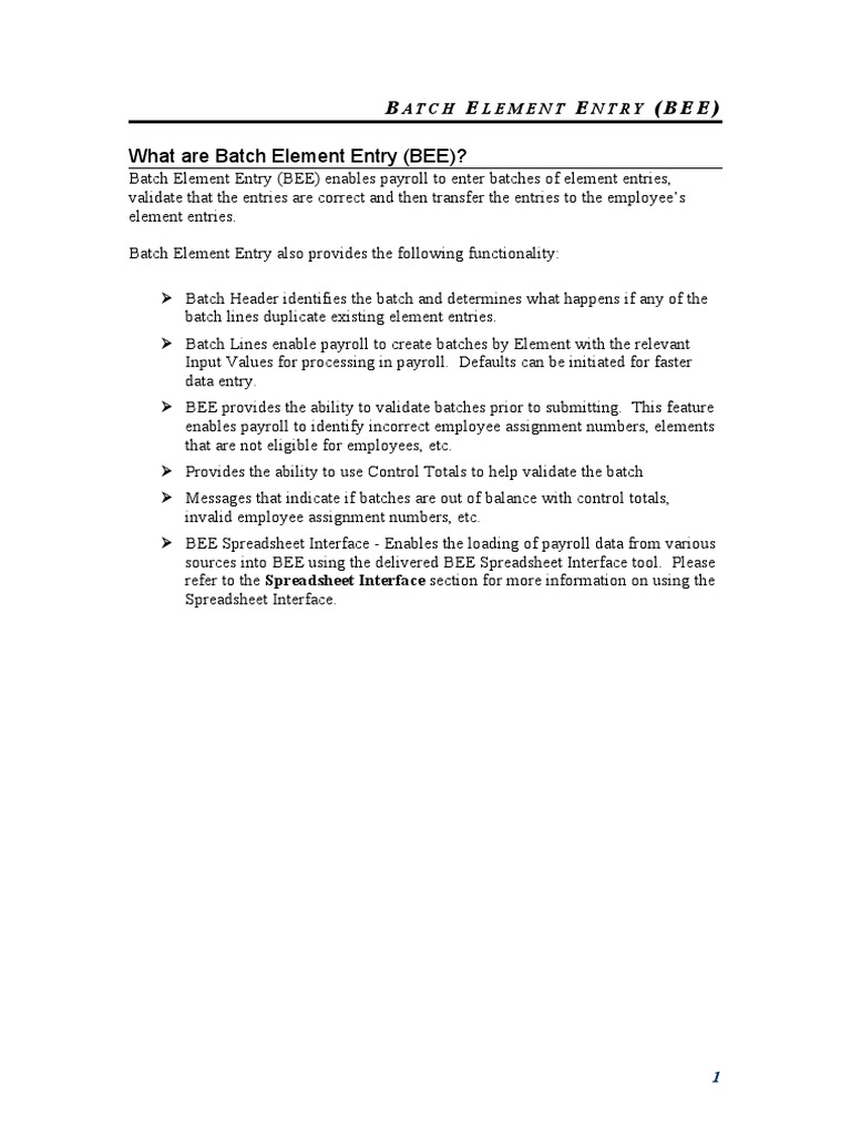 What Are Batch Element Entry (BEE) ?: B E E (BEE) | PDF | Spreadsheet | Button (Computing)