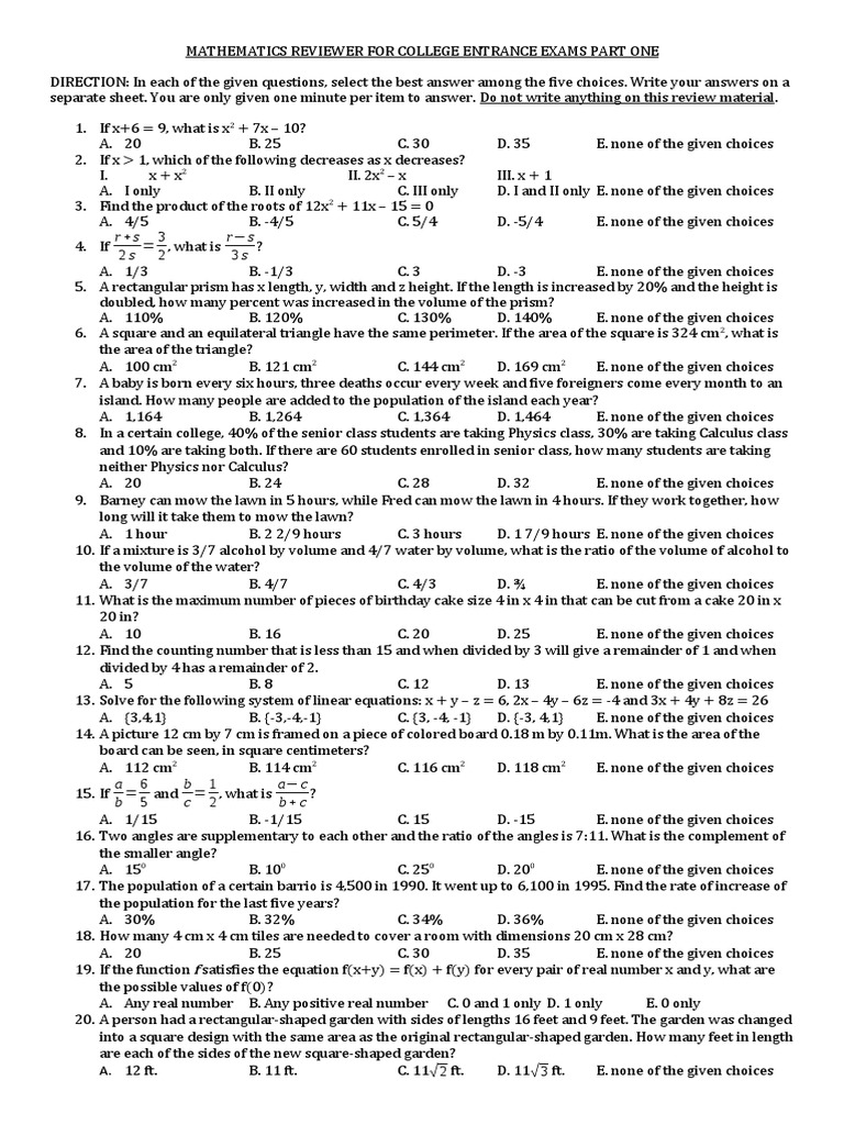 College Entrance Math Reviewer Part 1 | PDF | Area | Geometry
