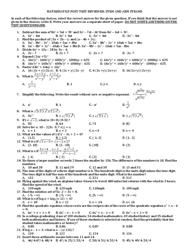 Part Two Reviewer - Stem and Abm | PDF | Algebra | Elementary Mathematics