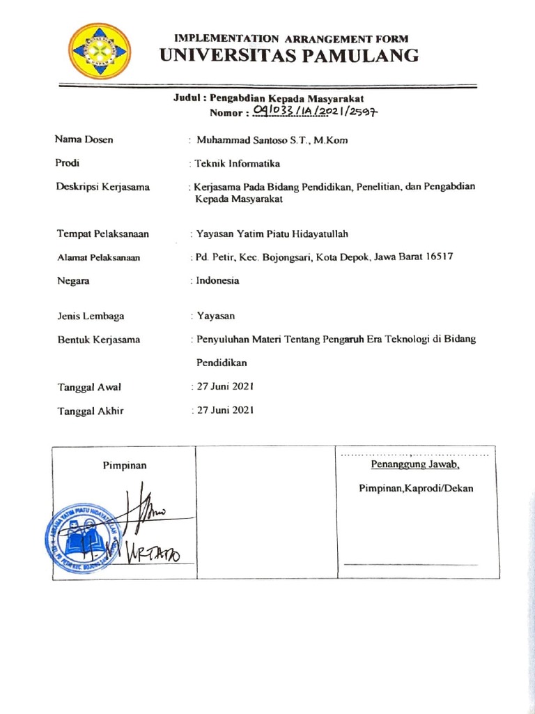 Contoh Implementation Agreement Unpam | PDF
