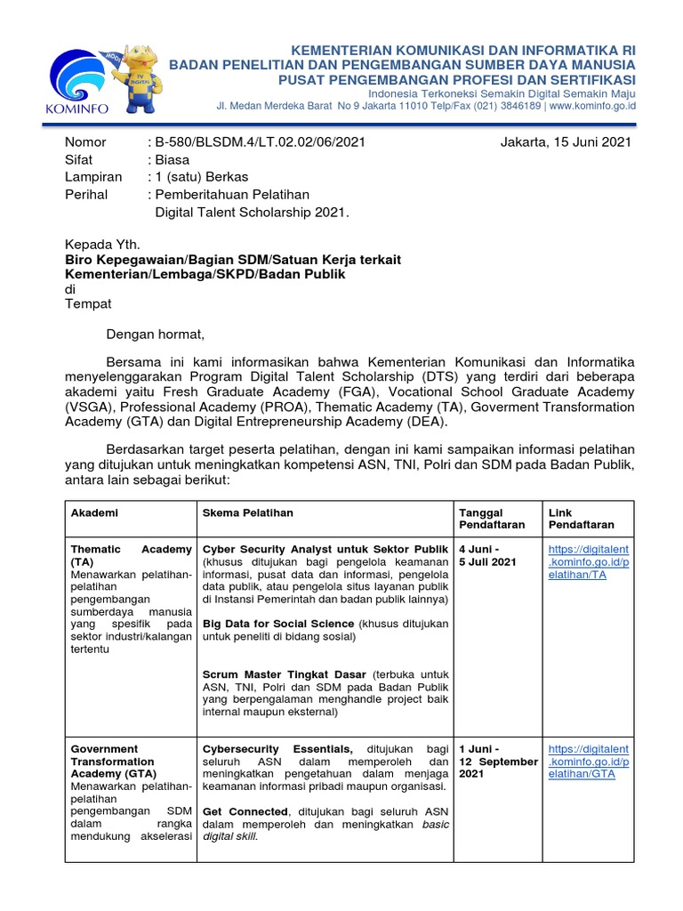 Surat Pemberitahuan Pelatihan DTS Kominfo 2021 | PDF