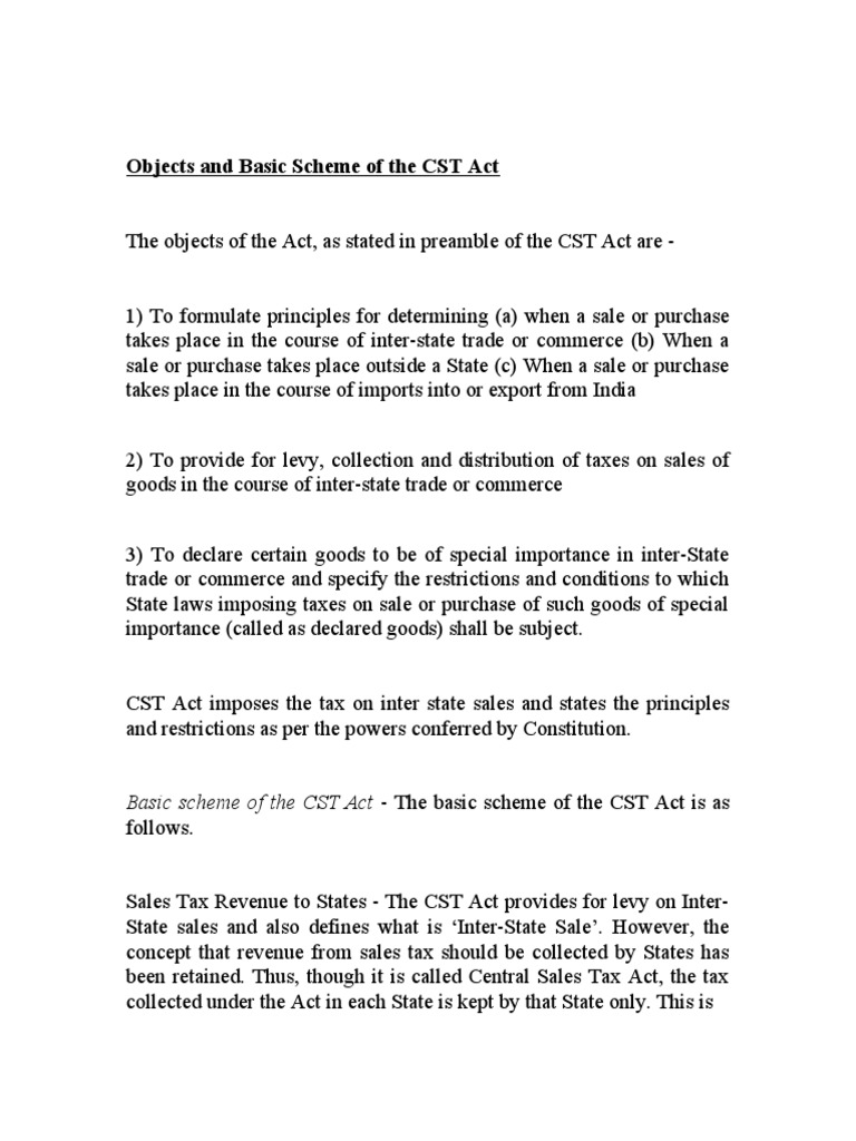 CST Act Basics and Objectives | PDF | Excise | Taxation