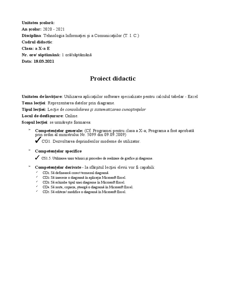 PROIECT DIDACTIC Reprezentarea Datelor Prin Diagrame Clasa X | PDF