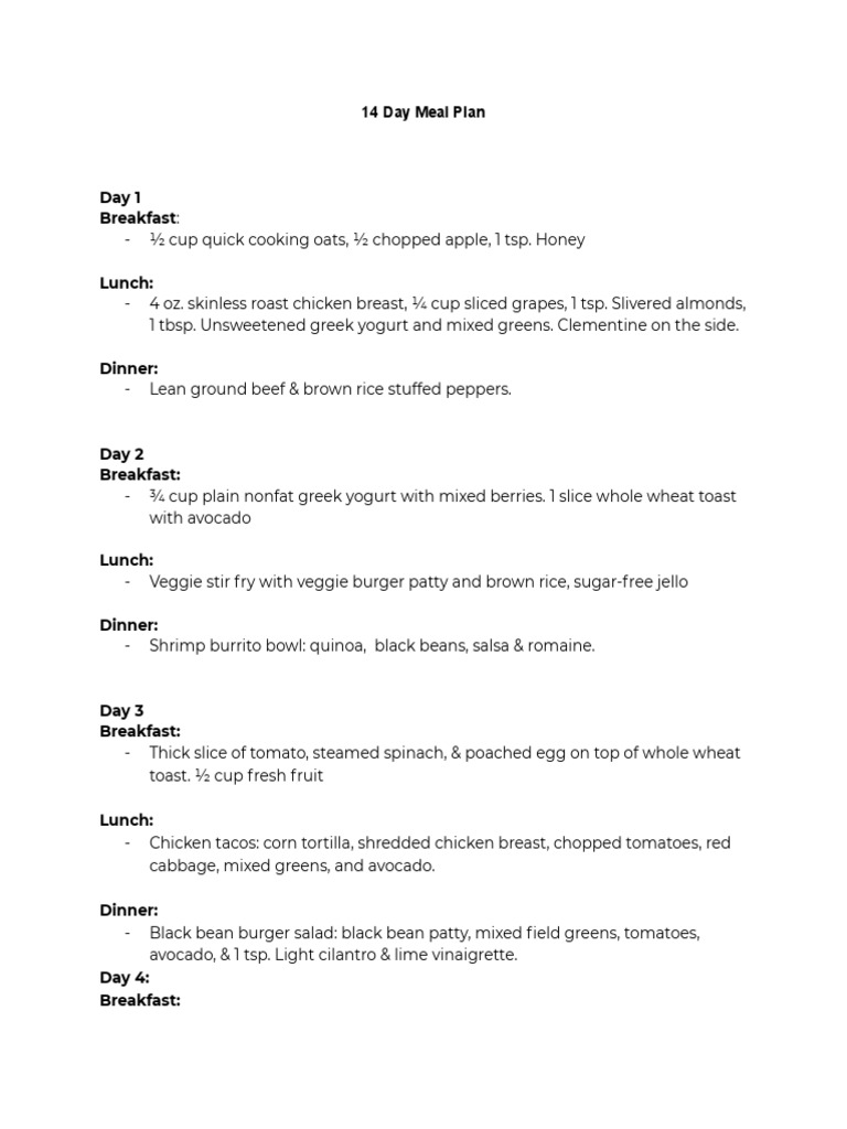14 Day Meal Plan | PDF | Salad | Lunch