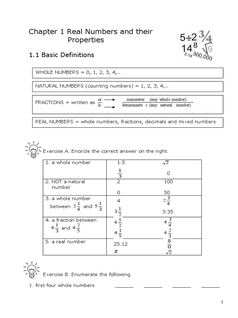 Chapter 1 Real Numbers and Their Properties | PDF | Numbers | Fraction ...