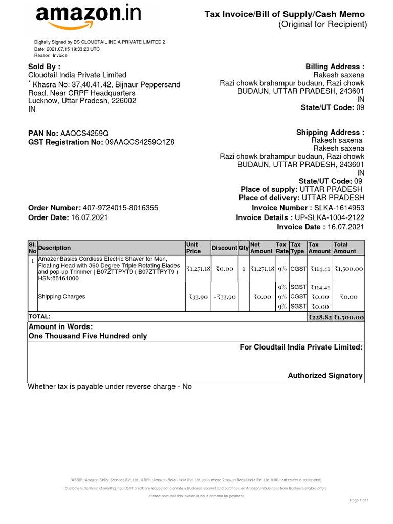 Tax Invoice for Electric Shaver | PDF | Invoice | Trade