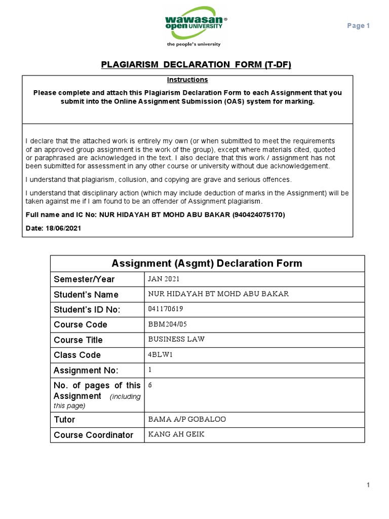 Plagiarism Declaration Form | PDF | Breach Of Contract | Damages