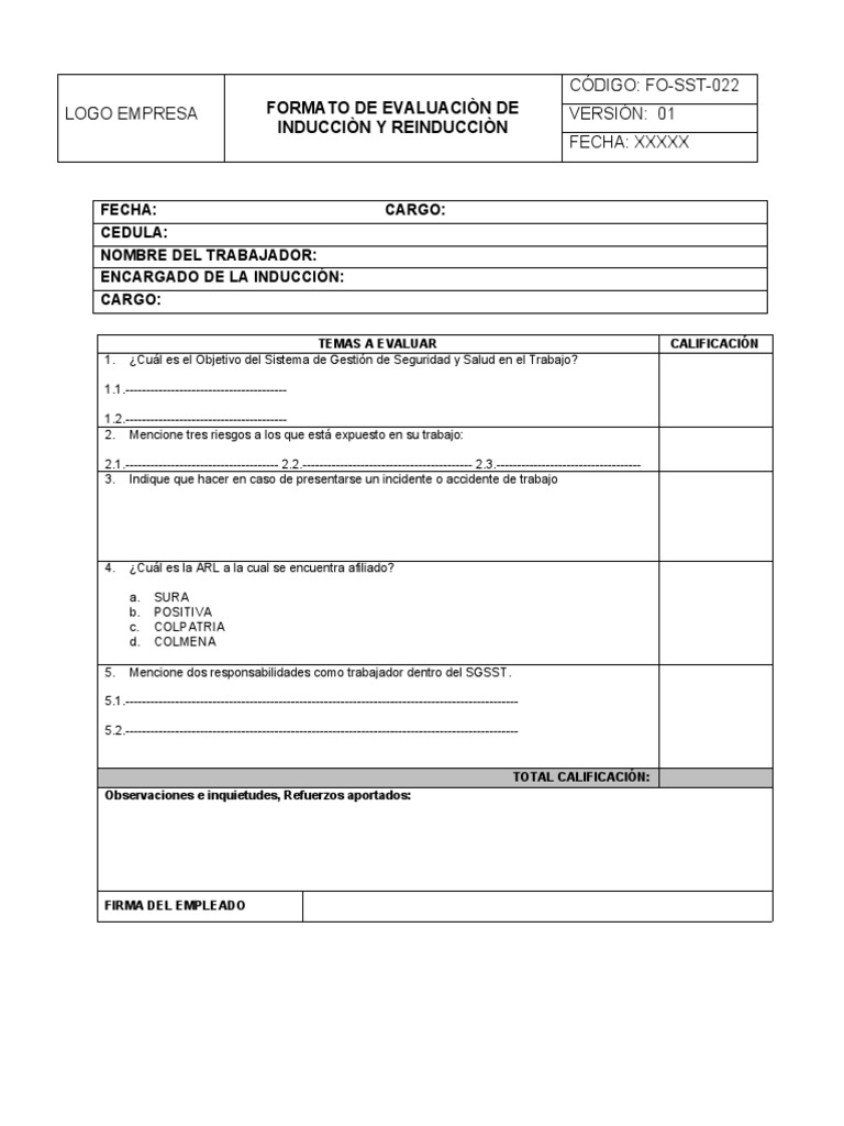 Fo-Sst-022 Evaluacion Induccion y Reinduccion | PDF