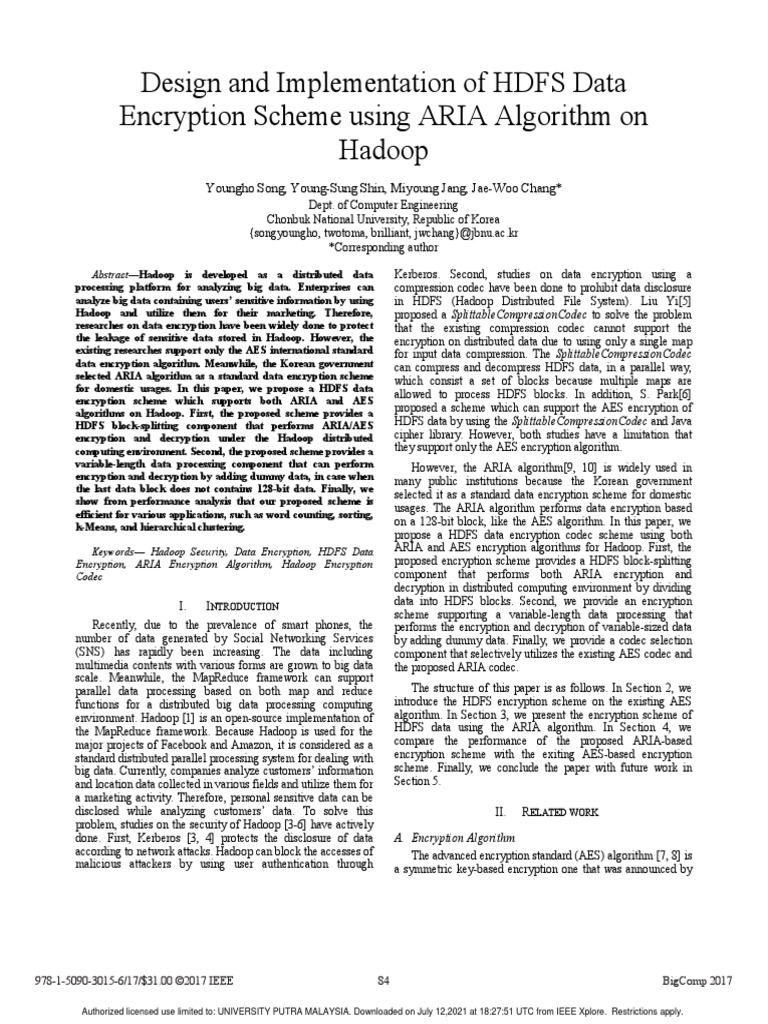 Design and Implementation of HDFS Data Encryption Scheme Using ARIA Algorithm On Hadoop | PDF ...