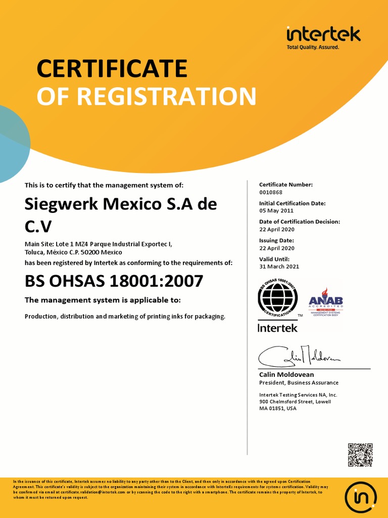 Certificado BS Ohsas 18001 Siegwerk Mexico Tinta | PDF | Certification | Licensing Agreement