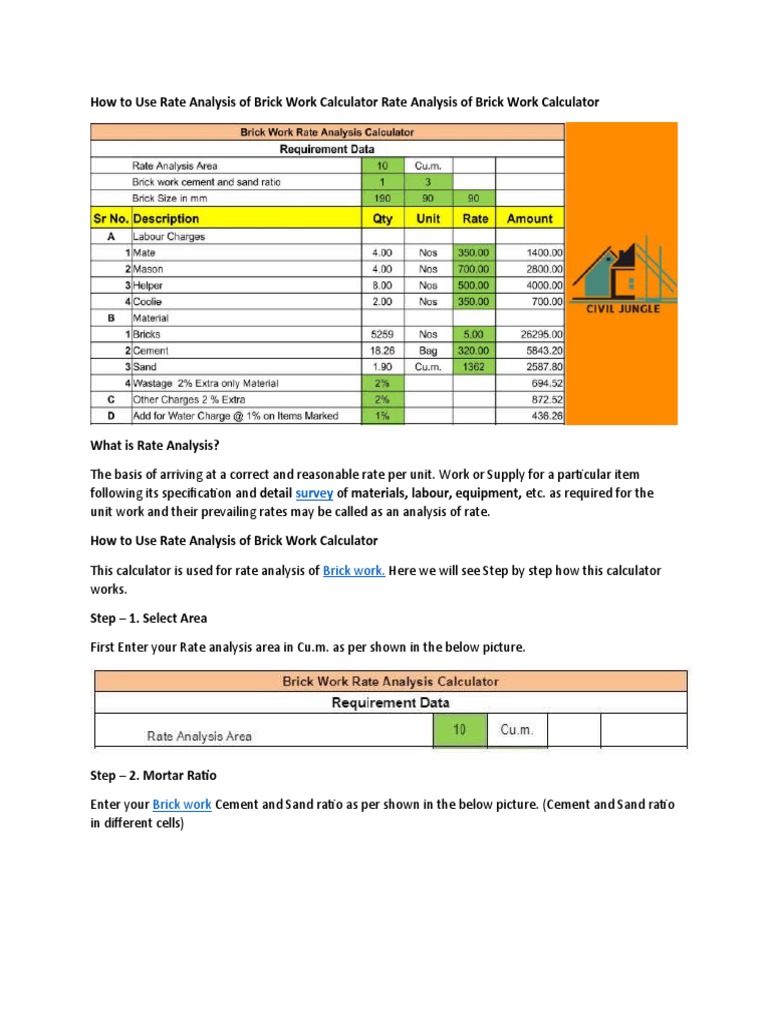 How To Use Rate Analysis of Brick Work Calculator Rate Analysis of Brick Work | PDF | Mortar ...