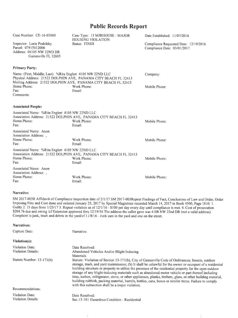 Code Enforcement Public Records On Englert Property | PDF | Lien