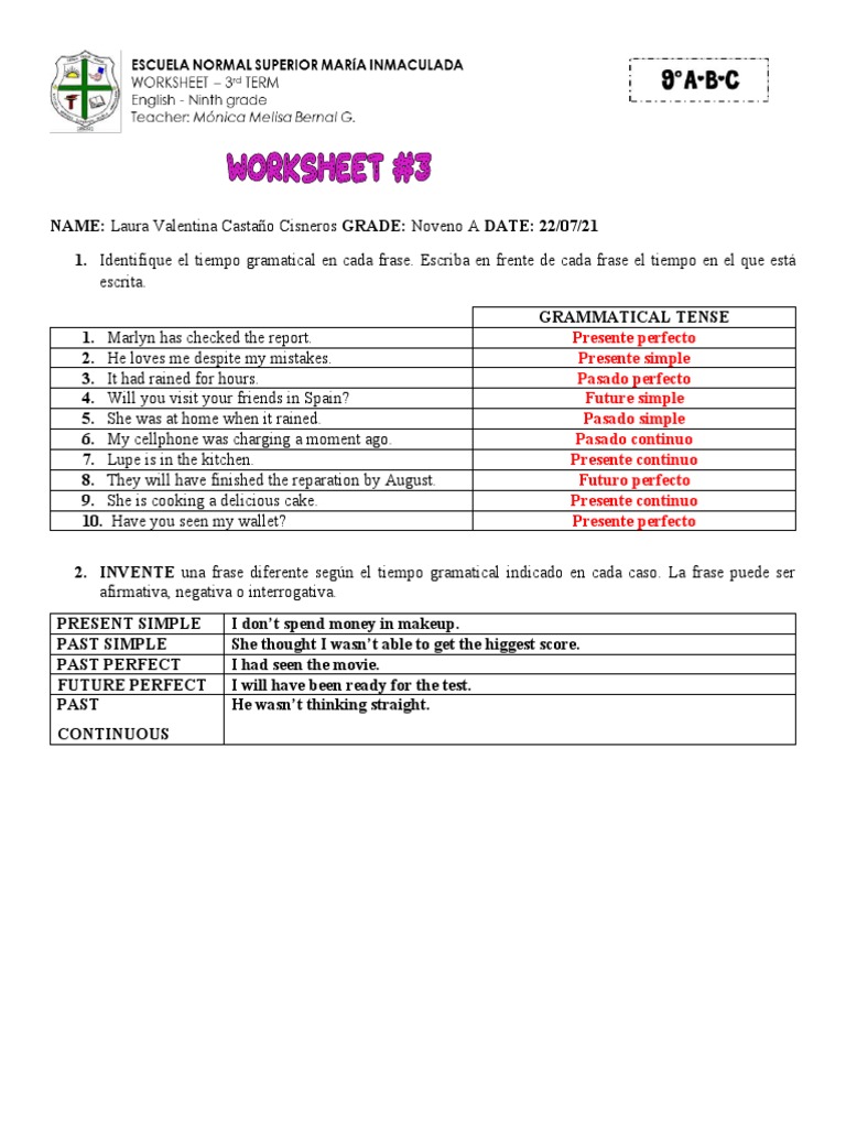 9° Worksheet #3 - ThirdTerm | PDF