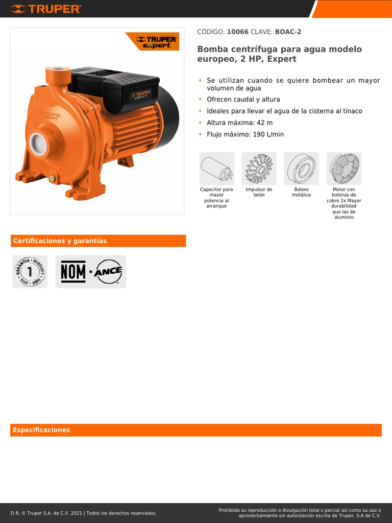 Bomba Centrifuga Ficha Tecnica | PDF | Cobre | Ingenieria Eléctrica