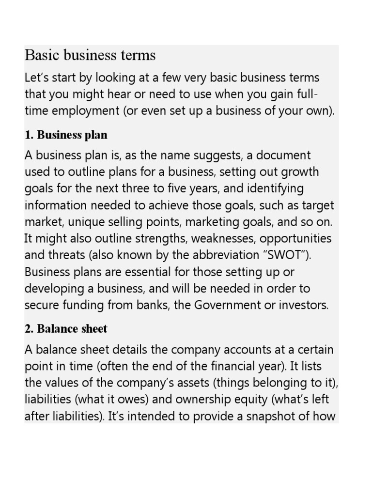 Basic Business Terms | PDF | Balance Sheet | Startup Company