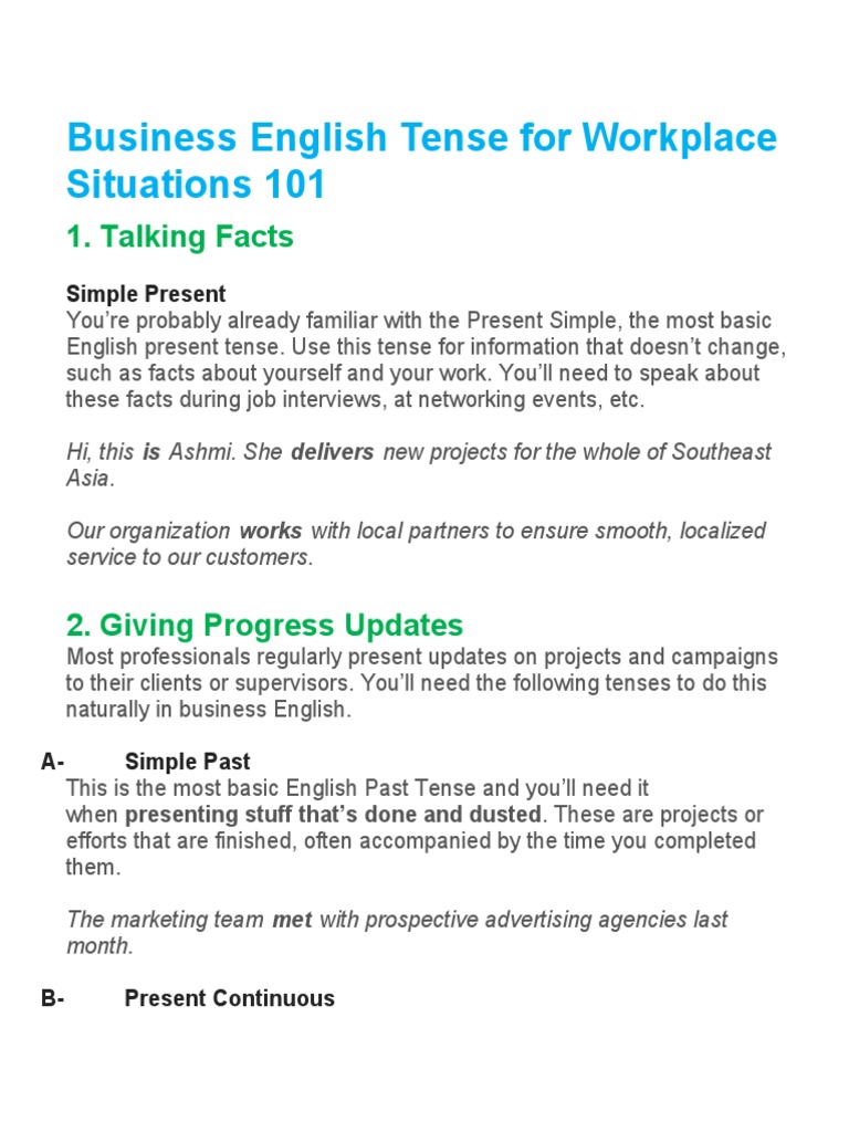 Business English Tense For Workplace Situations 101 | PDF | Grammatical ...