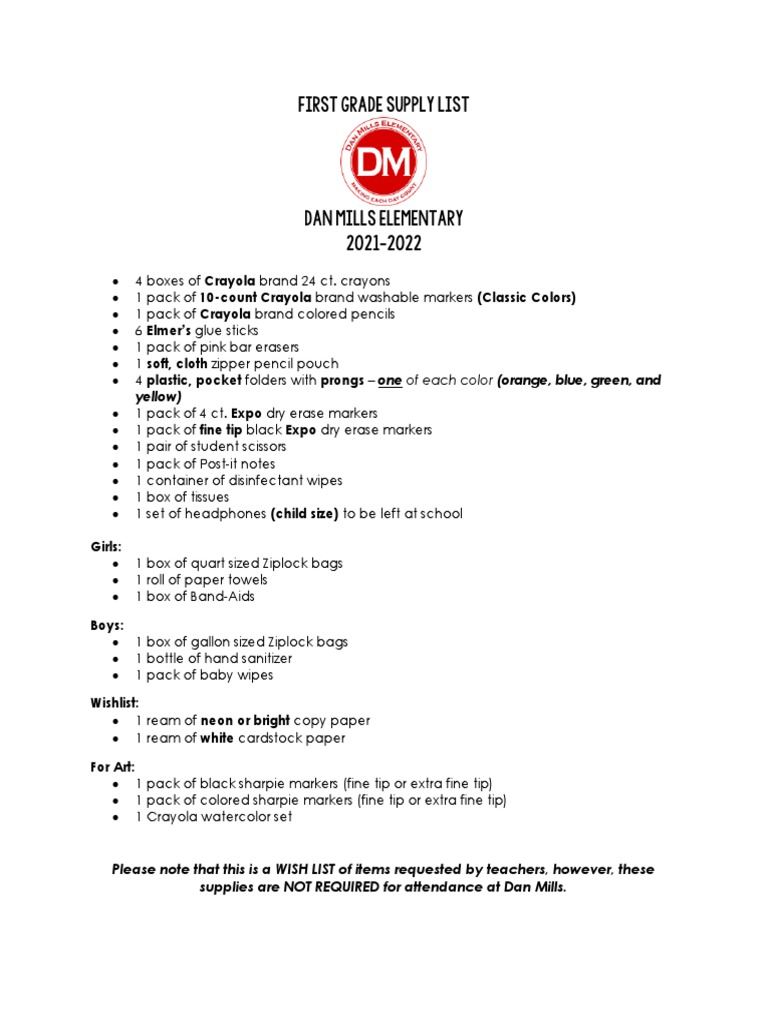 Dan Mills First Grade Supply List 2021-2022 | PDF | Art