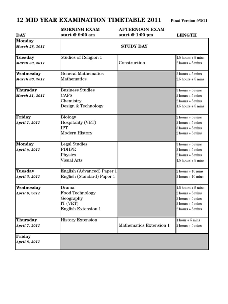 Mid Year Exam Timetable 2011 | PDF | Learning