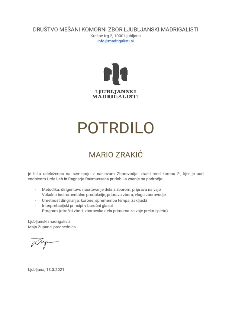 Mario Zrakic - Potrdilo | PDF